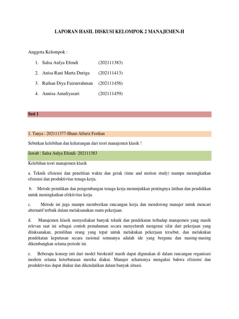 Laporan Hasil Diskusi Kelompok 2 Management History Kelas H | PDF | Karier & Perkembangan | Bisnis