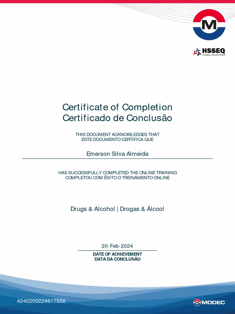 Certificate of Completion: Drugs & Alcohol Training | PDF | Finance ...