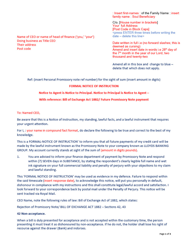 Formal Notice of Payment Instruction | PDF | Promissory Note ...