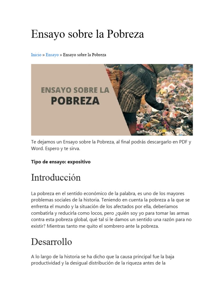 Ensayo Sobre La Pobreza | PDF | Pobreza | Pobreza e indigencia
