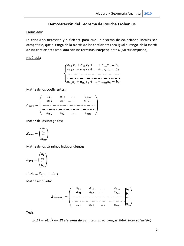 Demostración Teorema de Rouche-Frobenius | PDF | Matriz (Matemáticas) | Álgebra lineal