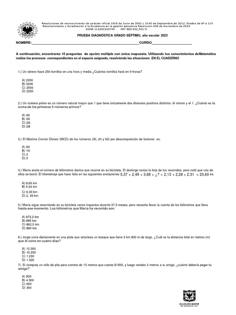 Prueba Diagnóstica Septimo | PDF | Matemáticas discretas | Teoría de ...