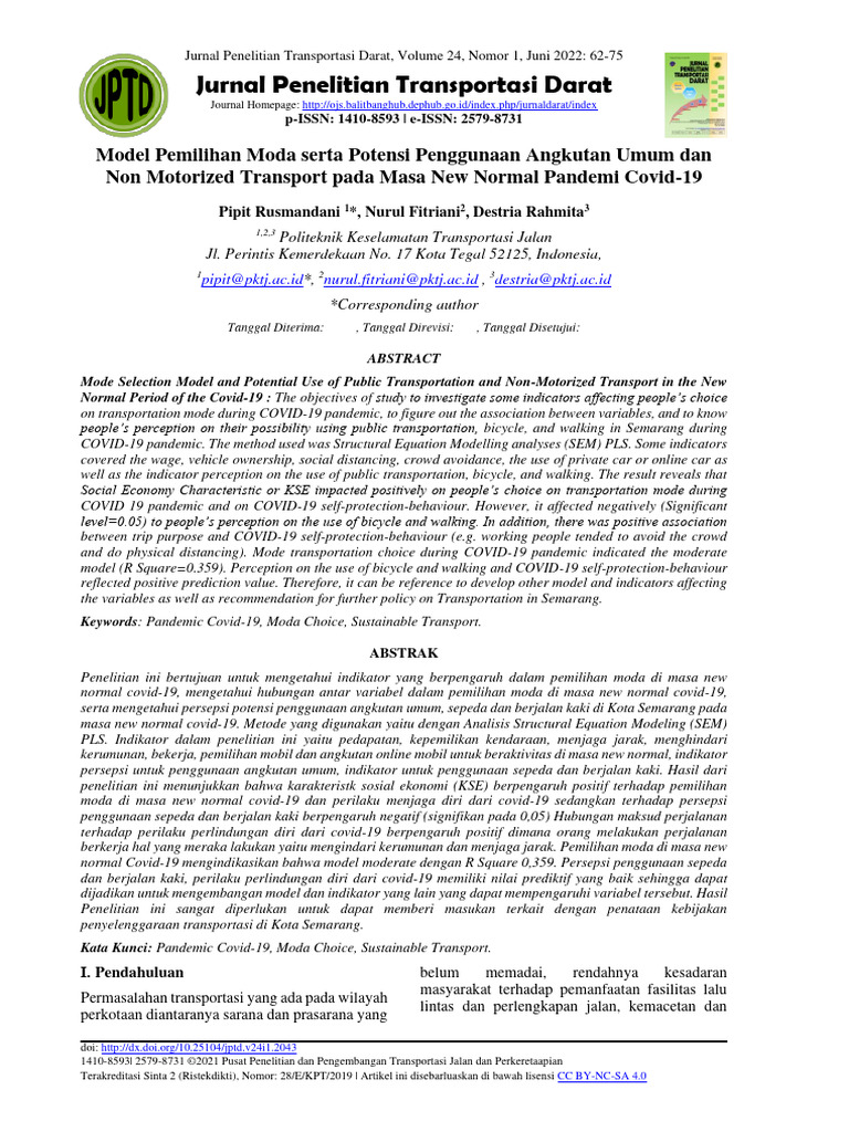 Model Pemilihan Moda Potensi Penggunaan - Angk | PDF | Pandemic