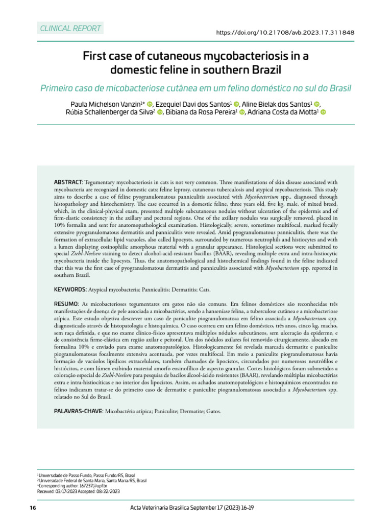 First Case of Cutaneous Mycobacteriosis in A Domestic Feline in ...