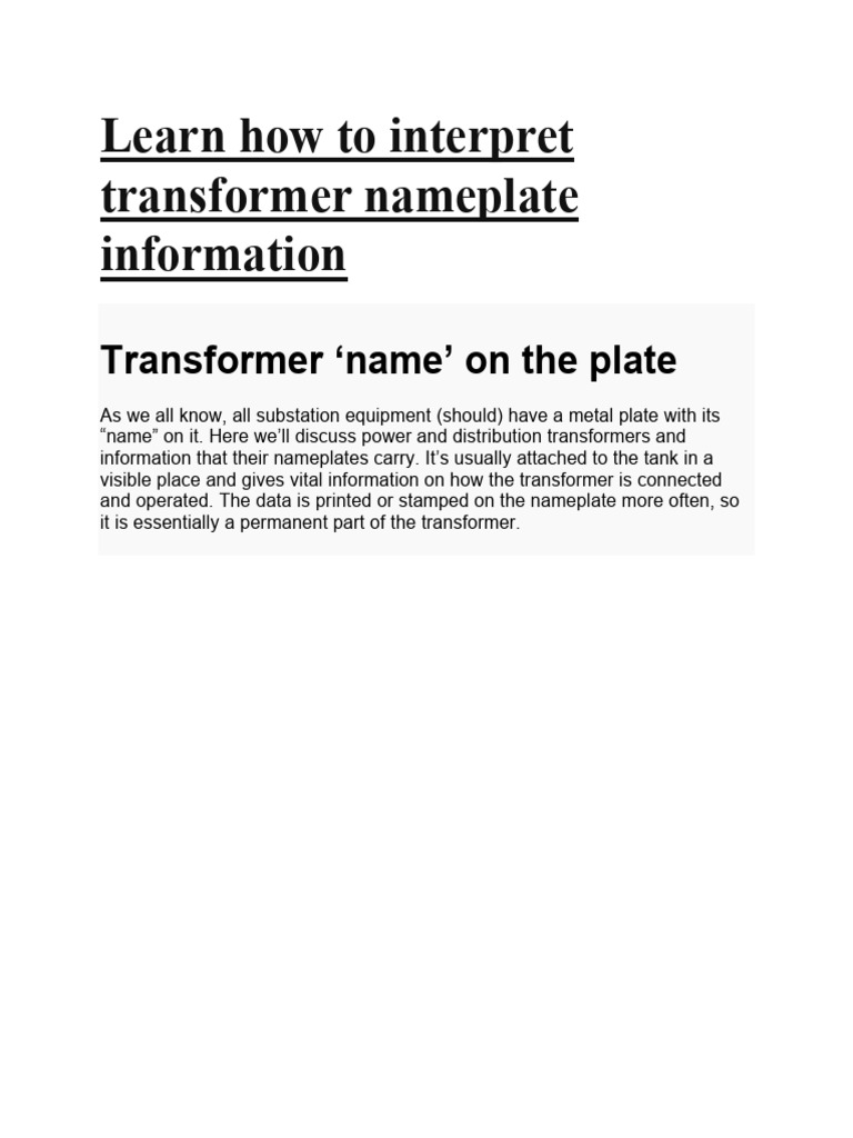 Learn How To Interpret Transformer Nameplate Information | PDF ...