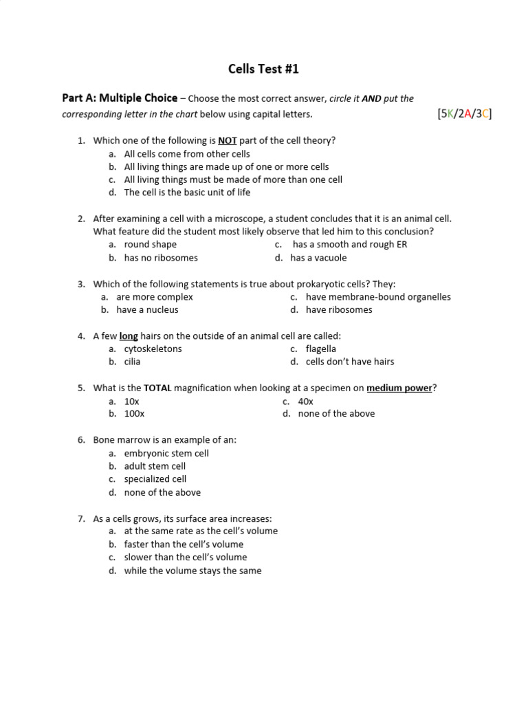 Cells Test #1 - 2020 - V3 | PDF | Cell (Biology) | Microscope