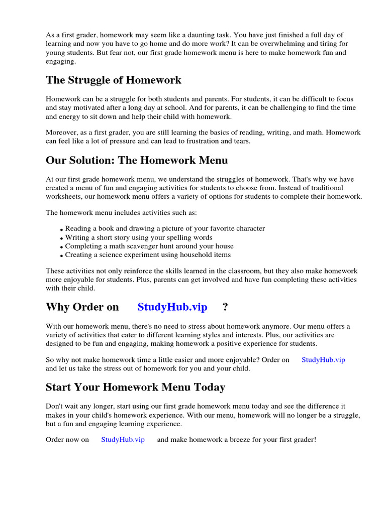 Homework Menu First Grade | PDF | Homework | Menu