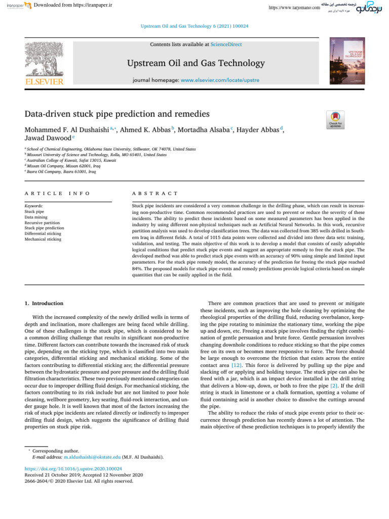 2021-Data-Driven Stuck Pipe Prediction and Remedies | PDF | Statistical Classification