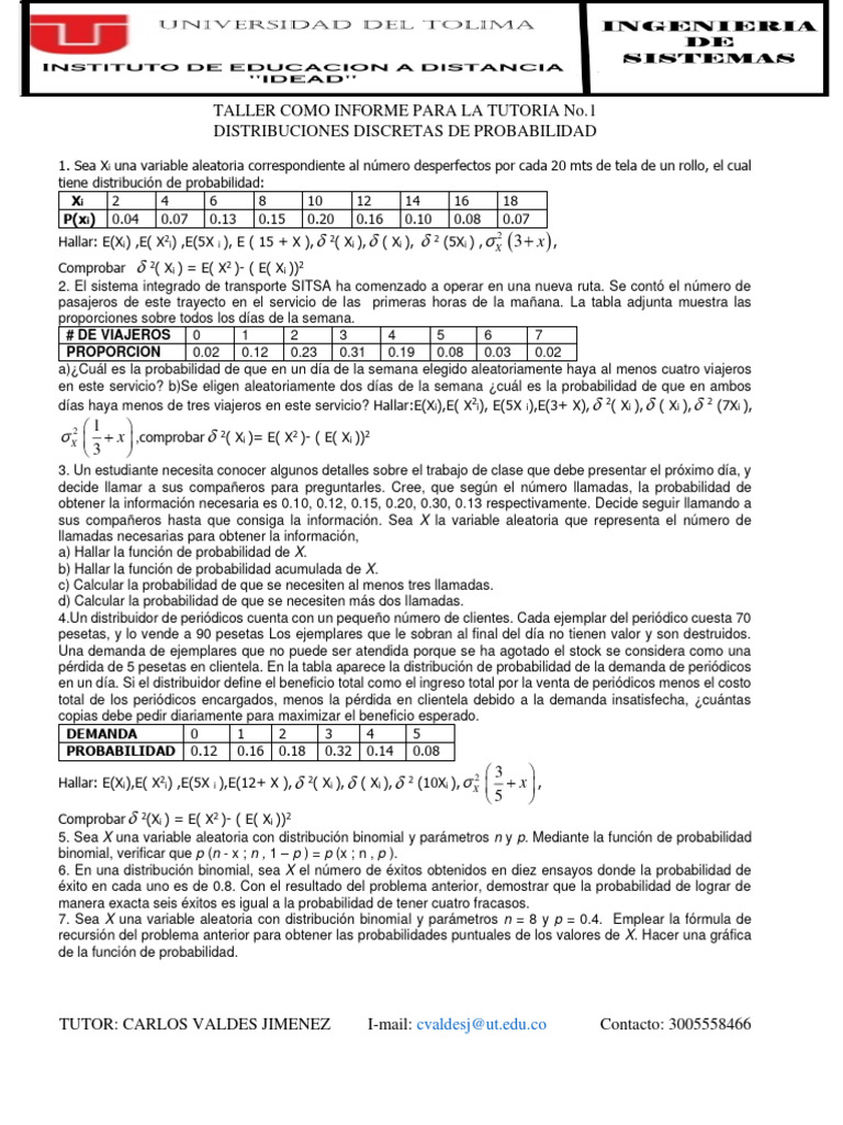 Taller Como Informe para La Tutoria No. 1 Distibuciones Discretas de Probabilidad | Descargar ...
