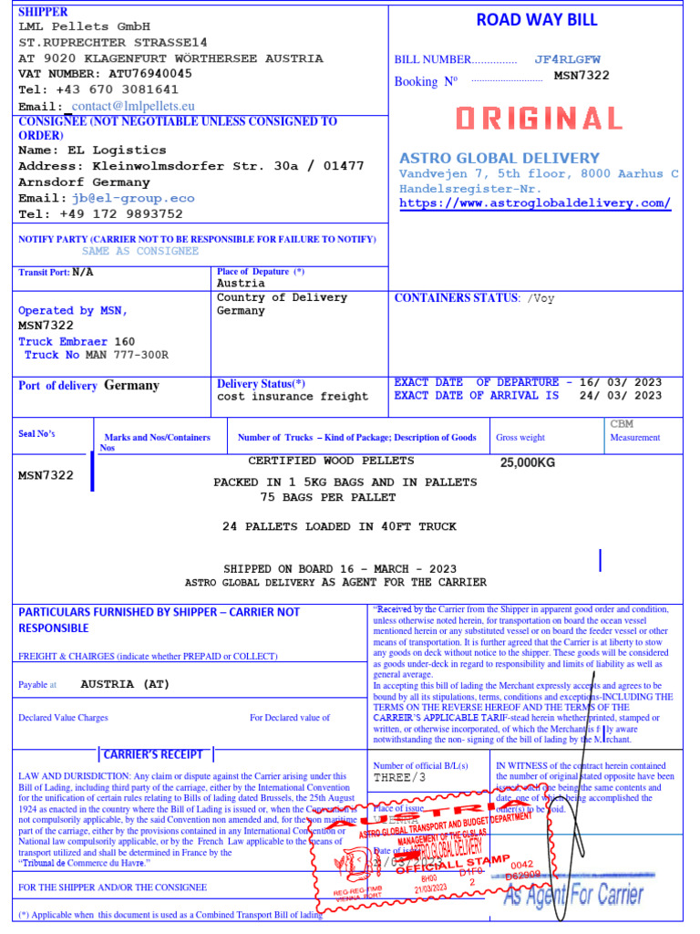 Bill of Lading for Wood Pellets Export | PDF | Bill Of Lading | Cargo