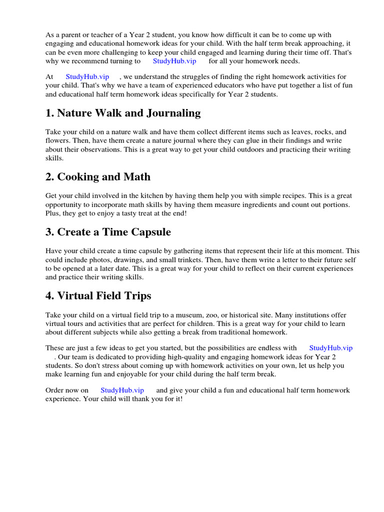 Half Term Homework Ideas Year 2 | PDF | Homework | Worksheet
