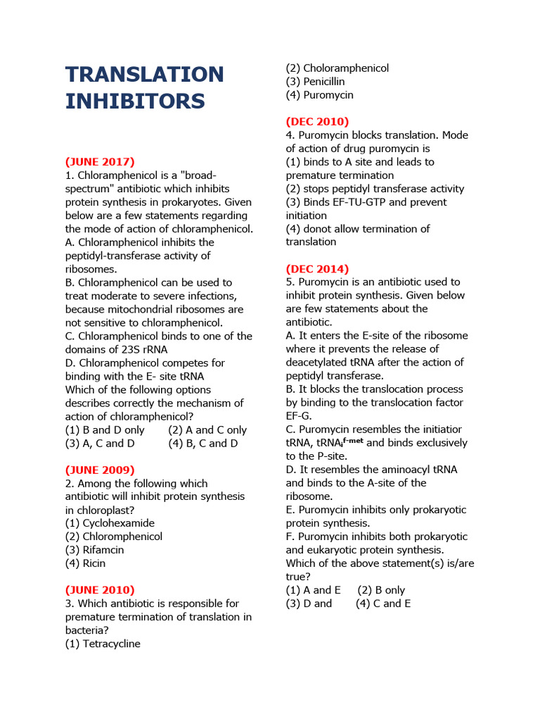 Sheet 8 Translation Inhibitors | PDF | Translation (Biology) | Ribosome