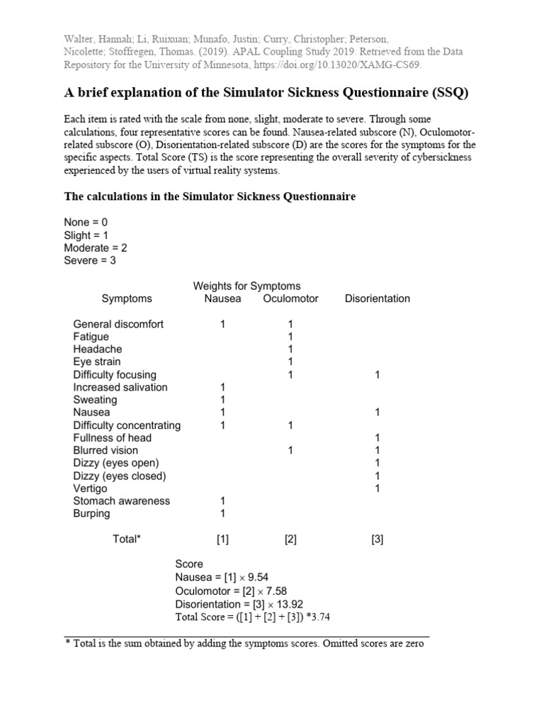 A Brief Explanation of The Simulator Sickness Questionnaire (SSQ) | PDF | Clinical Medicine ...