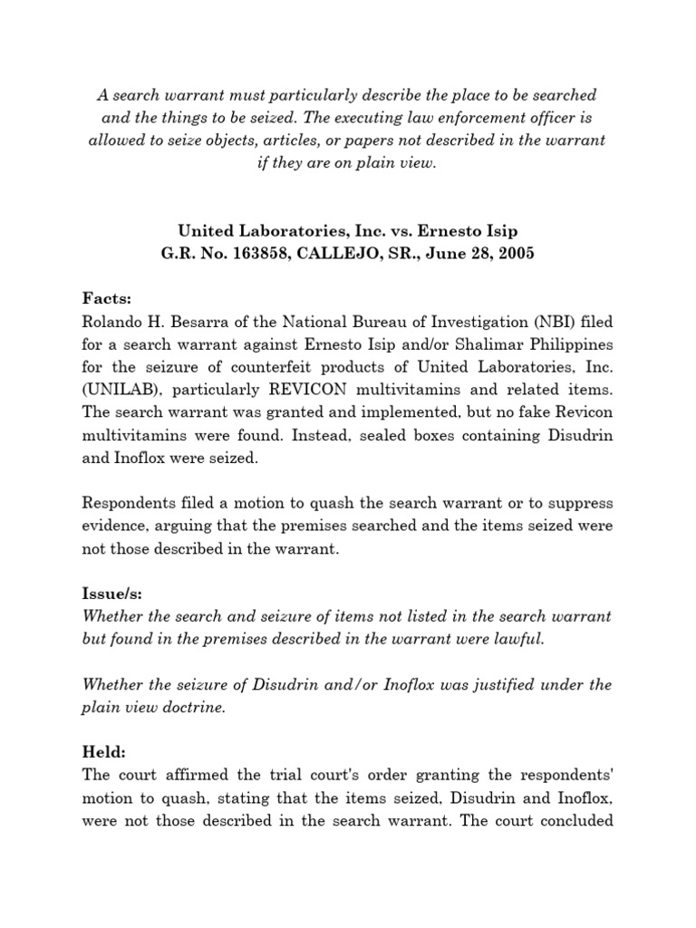 Search Warrant Law: UNILAB Case Summary | PDF