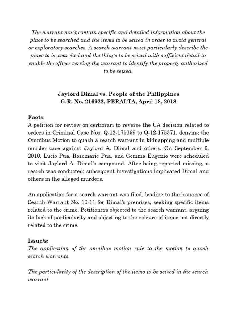 Dimal v. People 2018 | PDF | Search Warrant | Certiorari