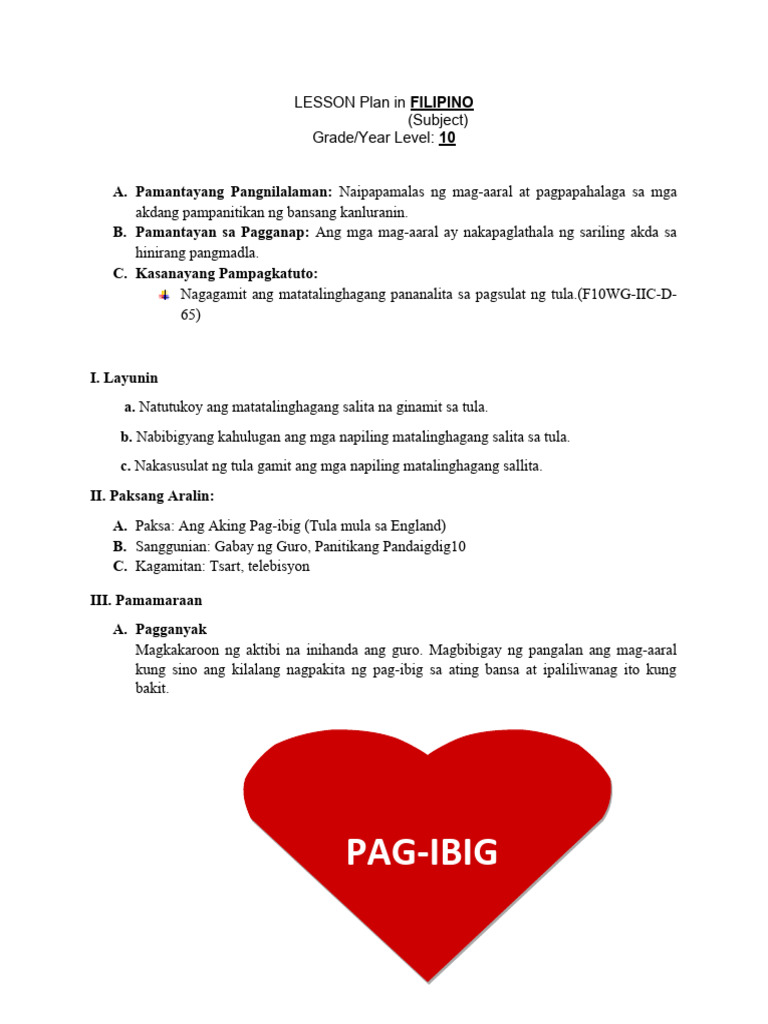 LESSON Plan in FILIPINO | PDF