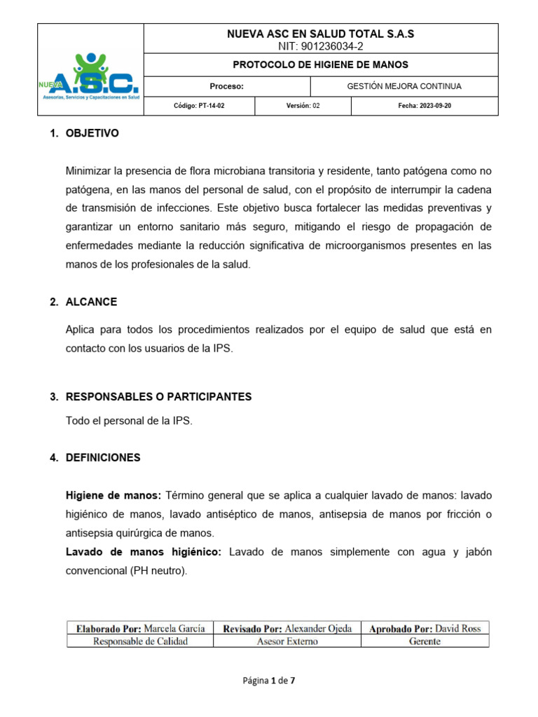 PT-14-02 Protocolo de Higiene de Manos | Descargar gratis PDF | Lavado de manos | Ciencias de la ...