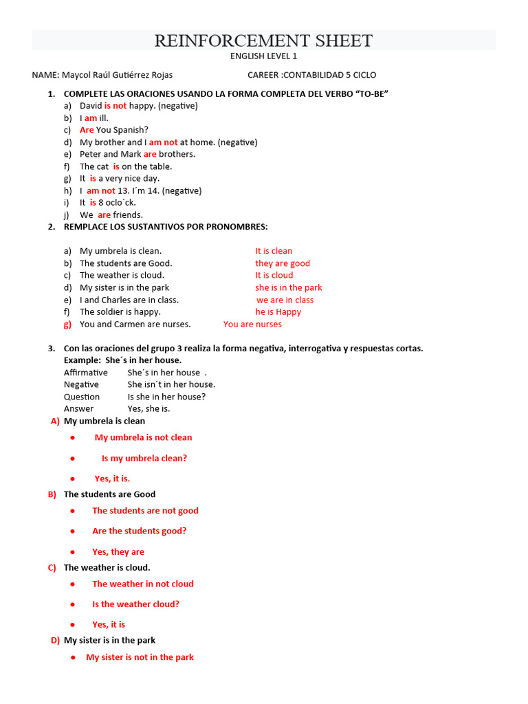 English Level 1 Reinforcement Exercises | PDF