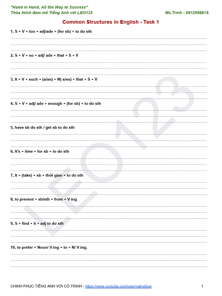 ! Common Structures in English - Task 1 - LEO123 and Ms - Trinh 0912556815 | PDF | Linguistics ...