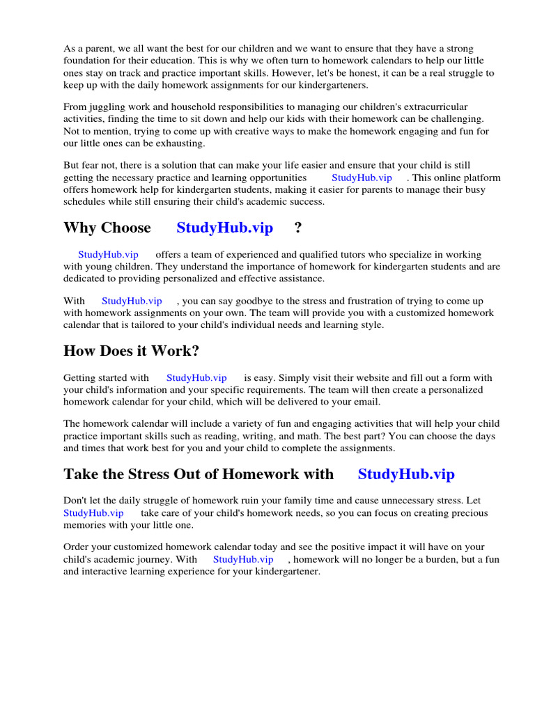 Homework Kindergarten Calendar | PDF | Homework | Essays