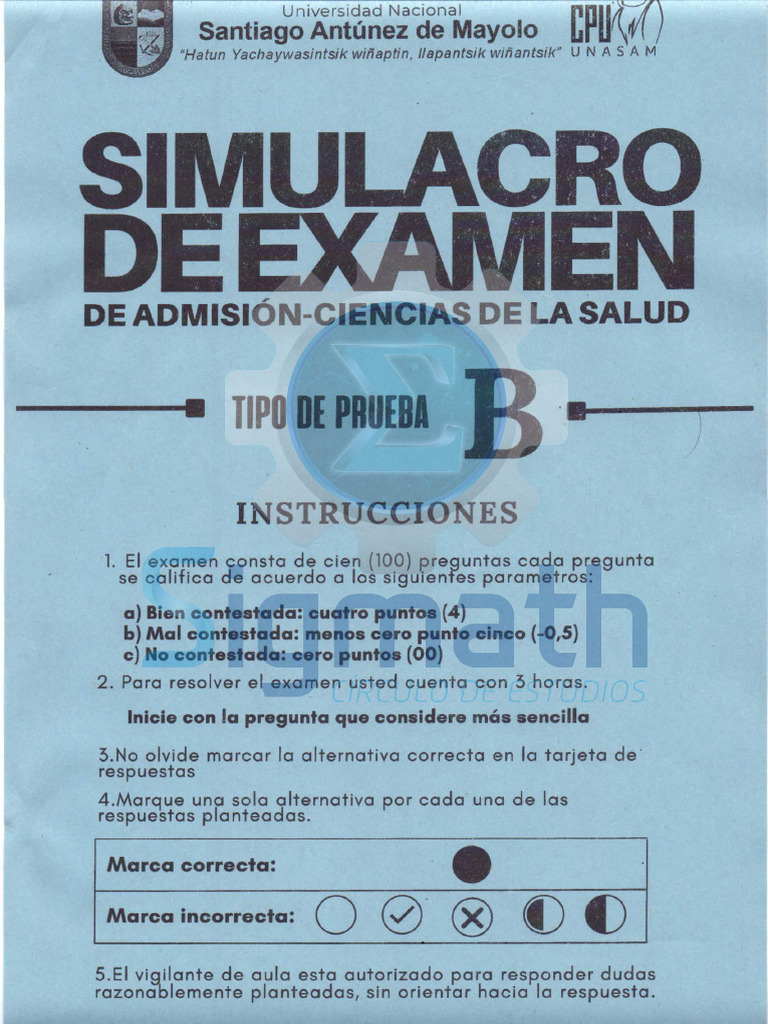 Simulacro de Axamen de Admisión Unasam 2022-Ii (Área B) Con Marca de Agua | PDF