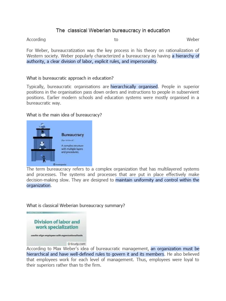 Classical Weberian Bureaucracy in Education | PDF | Bureaucracy | Max Weber