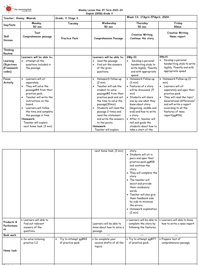 Week 13 Grade 5 English Planner (1) (1) 1 1 | PDF | Reading ...