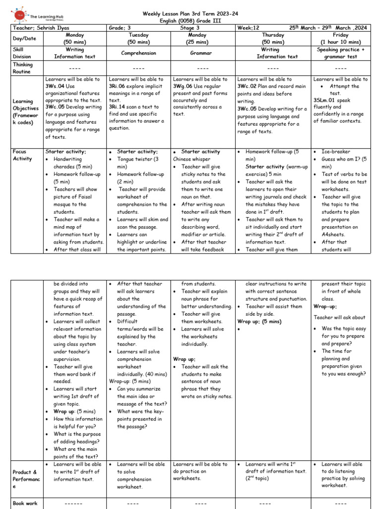 3rd Grade Weekly Lesson Plan: English | PDF | Learning | Phrase