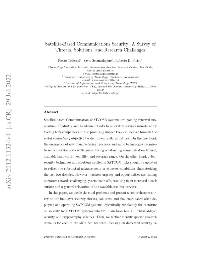 Satellite Based Communications Security A Survey Of Threats Solutions And Research