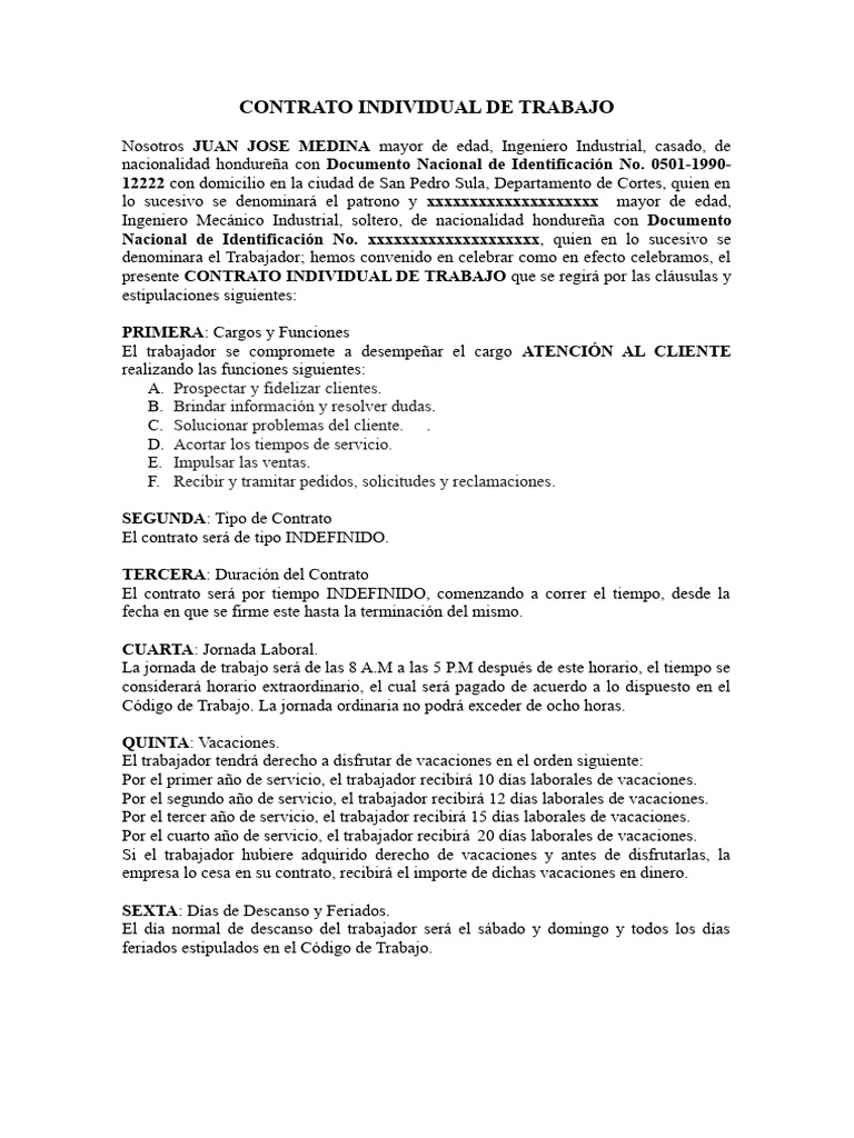 Contrato Individual de Trabajo Atención Al Cliente | PDF | Tiempo de ...