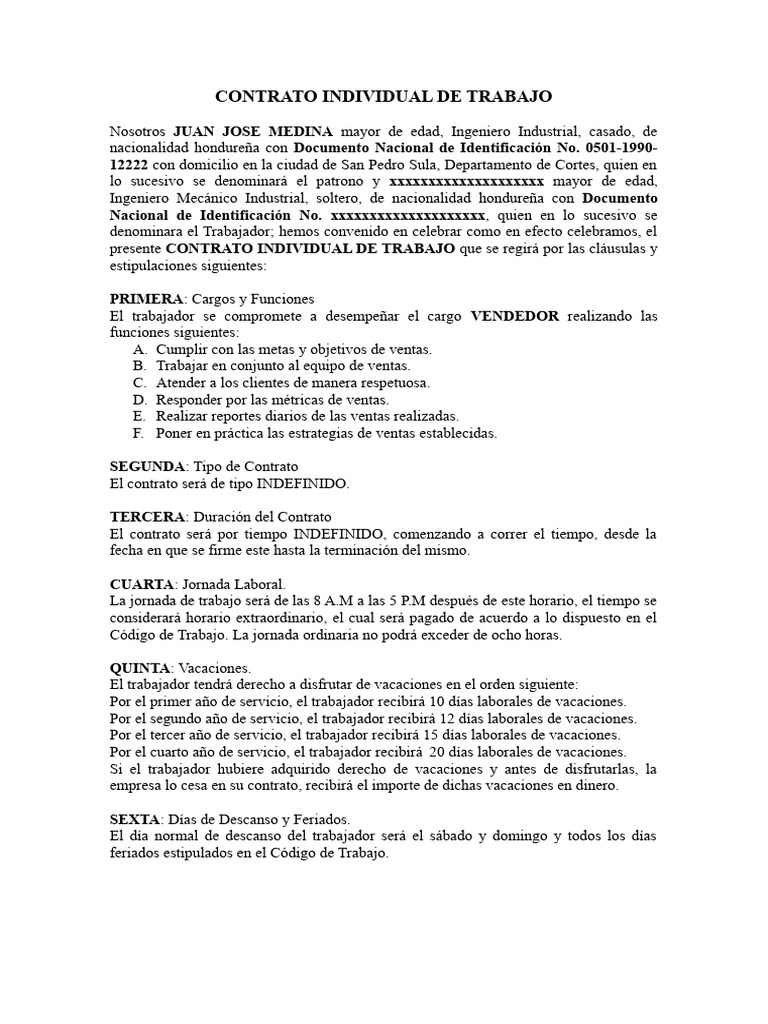 Contrato Individual de Trabajo Vendedor | PDF | Derecho laboral | Tiempo de trabajo