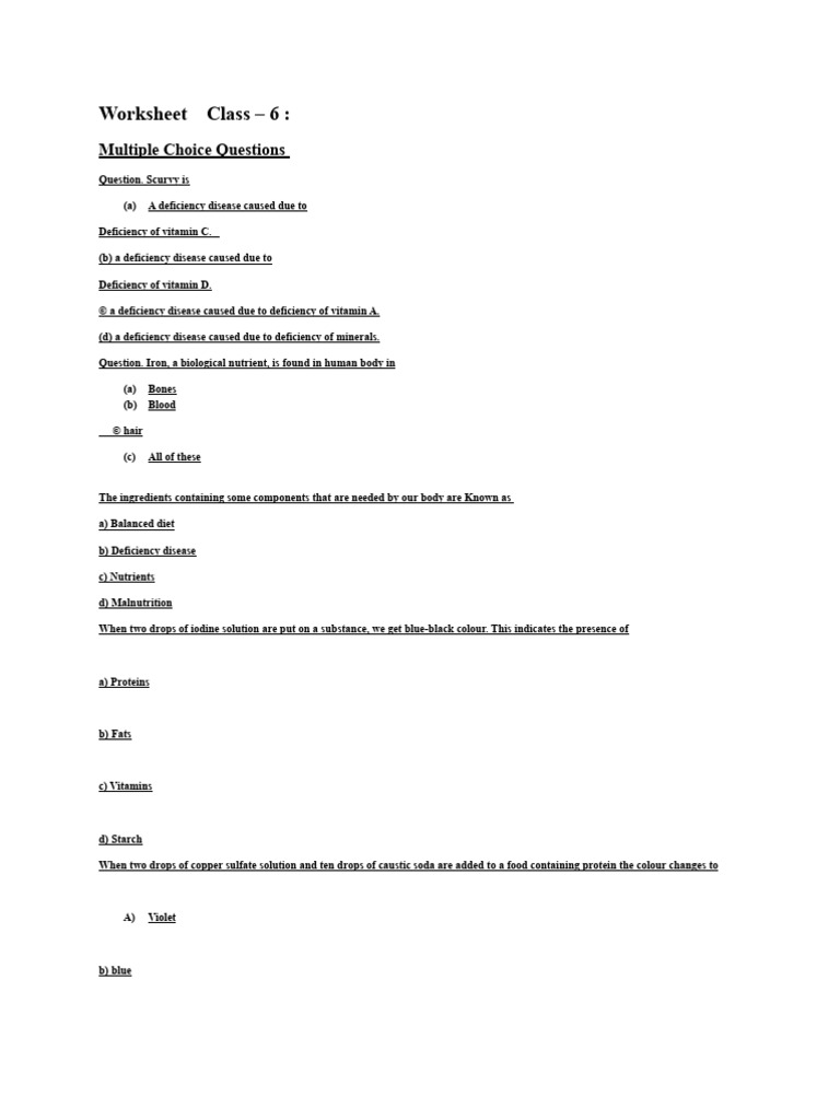 Class 6 Worksheet on Nutrients and Deficiencies | PDF