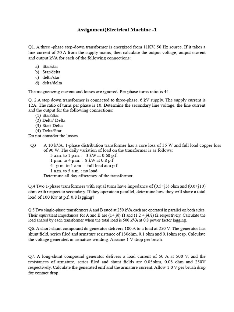 Assignment - Questions Electrical Machine 1 2024 | PDF | Transformer | Electric Motor
