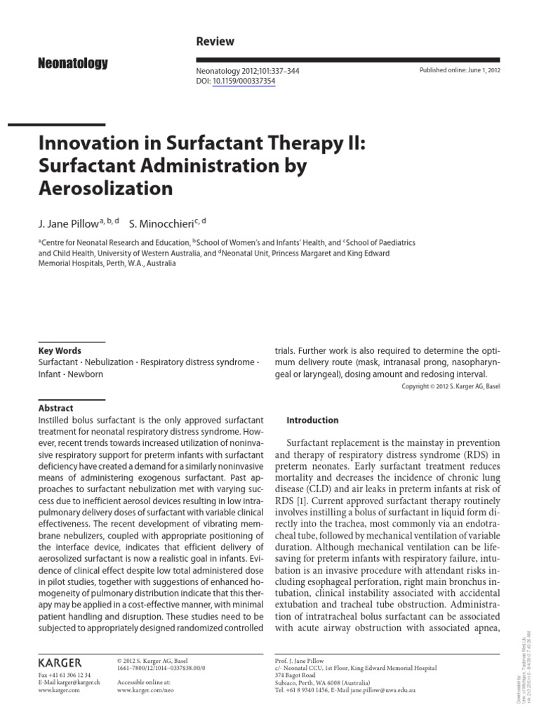 PILLOW 2012 - Innovation in Surfactant Therapy II-surfactant Administration by Aerosolization ...