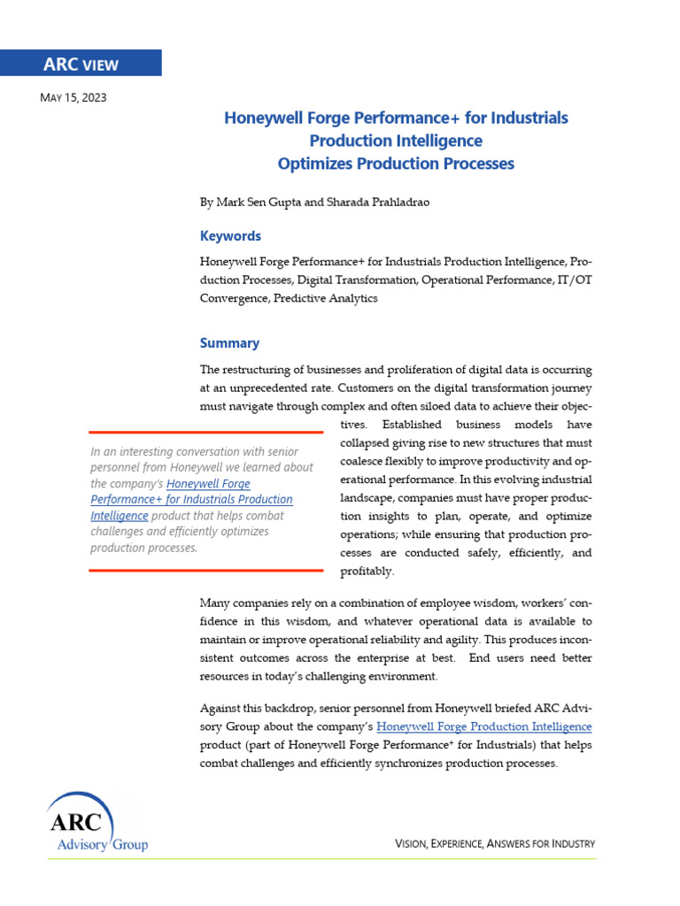 ARC View Honeywell Forge Production Insights | PDF | Analytics | Artificial Intelligence
