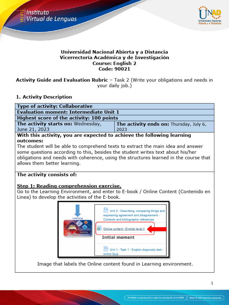 Activities Guide and Evaluation Rubric - Unit 1 - Task 2 - Write Your Obligations and Needs in ...