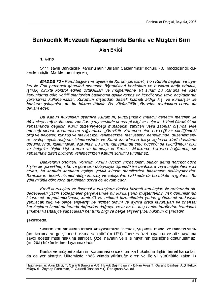 Bankacilik Mevzuati Kapsaminda Banka Ve Musteri Sirri | PDF