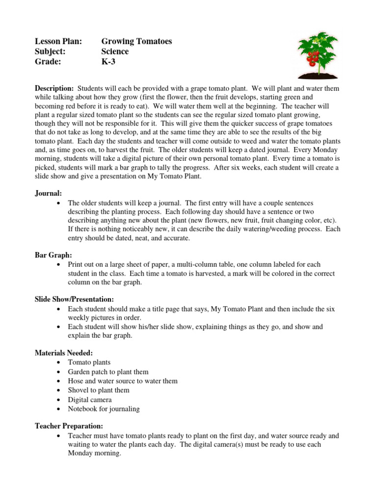 Lesson Plan: Growing Tomatoes Subject: Science Grade: K-3 | PDF | Ant ...
