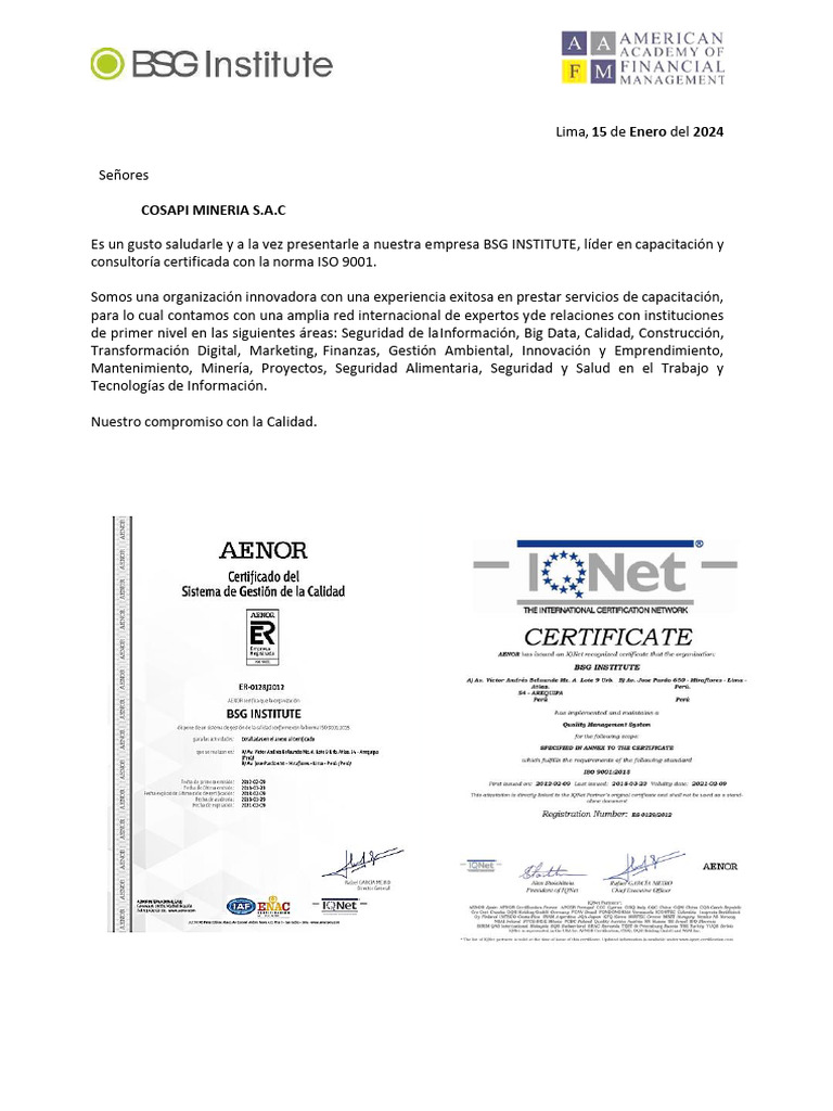 Carta Presentación Programa Internacional en Gestión Estratégica de Costos -COSAPI MINERIA SAC ...