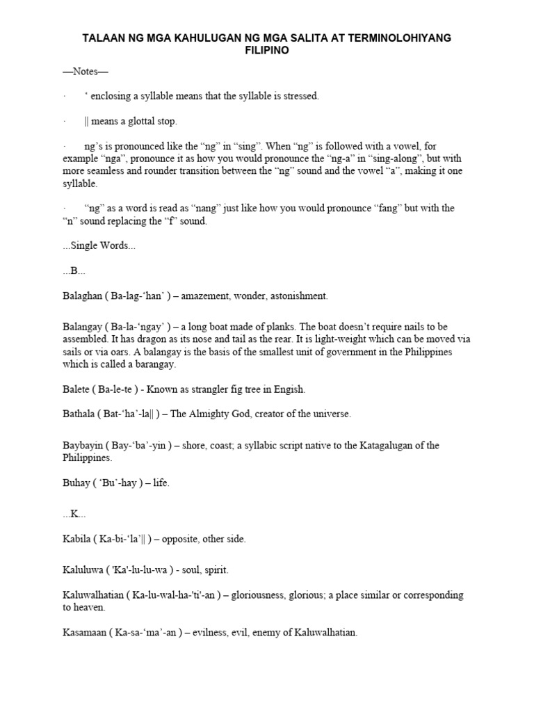 Definition of Filipino Words and Terminologies | PDF | Syllable | Languages