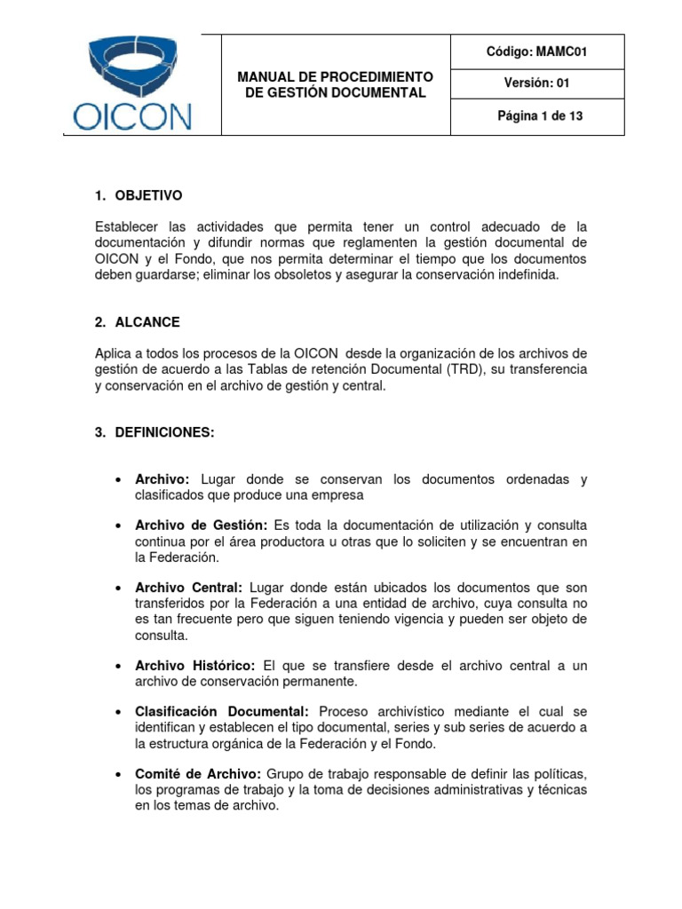 Gestión Documental OICON: Procedimientos y Normas | PDF | Gestión de registros | Archivo