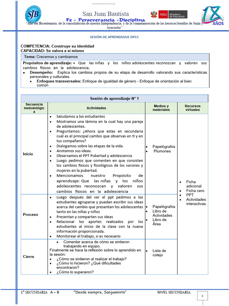 Sesión 1 de Aprendizaje de DPCC | PDF | Aprendizaje | Adolescencia