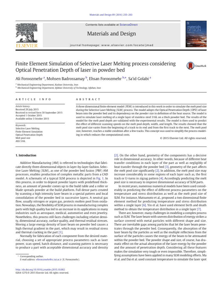 Finite Element Simulation Of Selective Laser Melting Process