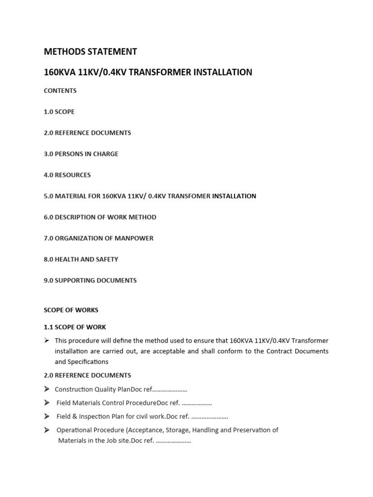 METHOD STATEMENT FOR INSTALLION OF TRANSFORMER COH | PDF | Personal ...