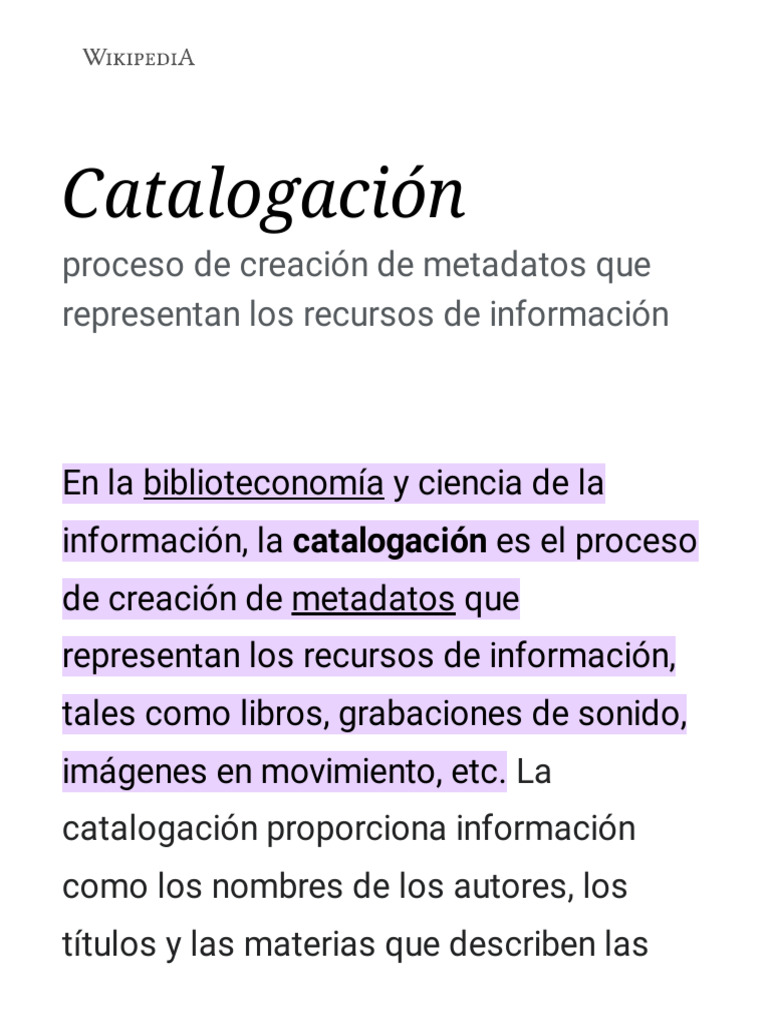 Catalogación - Wikipedia, La Enciclopedia Libre | PDF | Bibliotecas | Metadatos