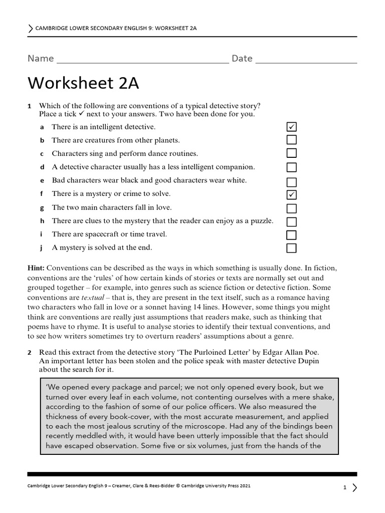 LS English 9 Worksheet 2A | PDF | Detective Fiction | Mystery Fiction