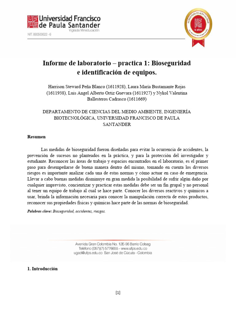 Informe de Laboratorio - Practica 1: Bioseguridad e Identificación de Equipos | PDF ...