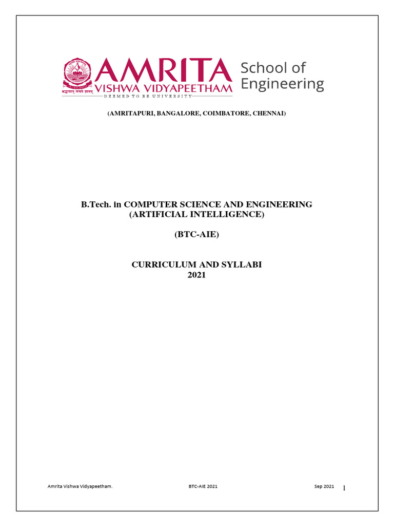 2021 Amrita Btech Computer Science Artificial Intelligence Curriculum Syllabus | PDF | Class ...