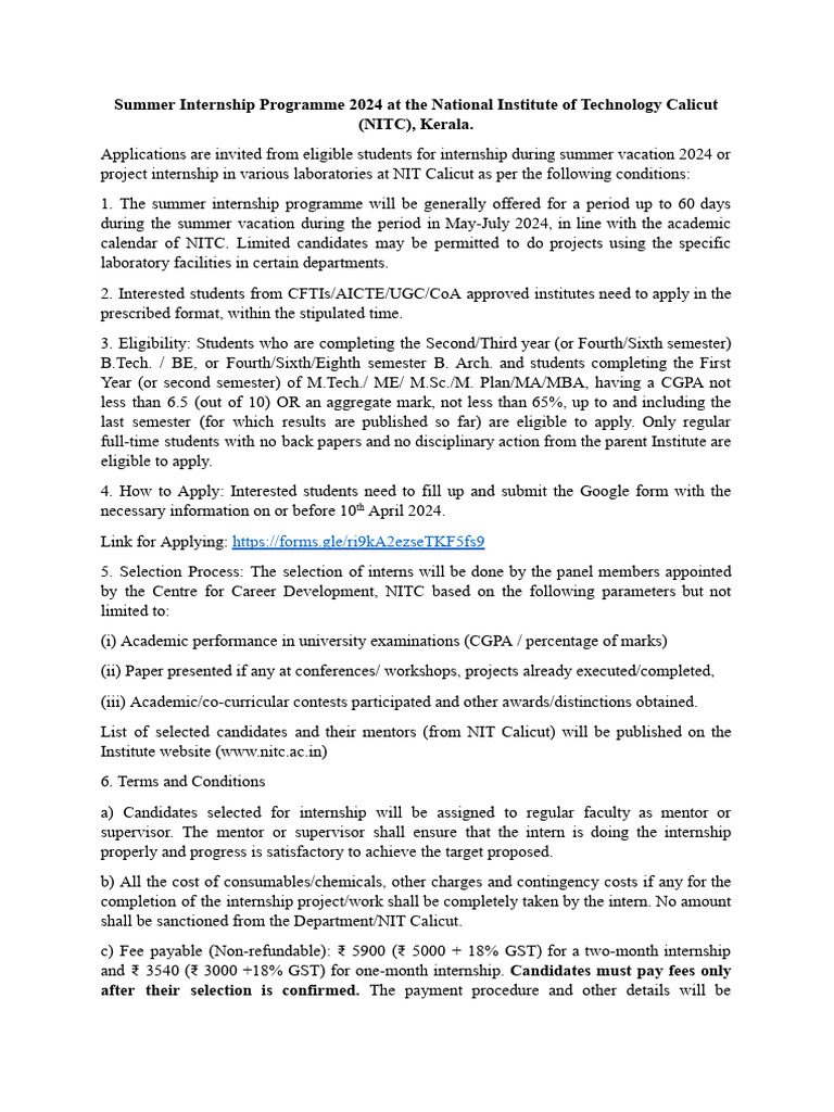 Summer Internship Programme 2024 at The National Institute of Technology Calicut (NITC), Kerala ...