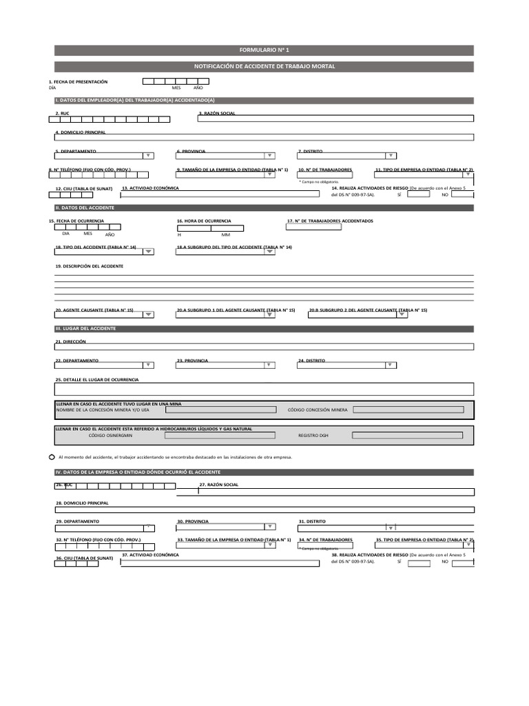 Formulario 1, Notificación de Accidente de Trabajo Mortal | PDF